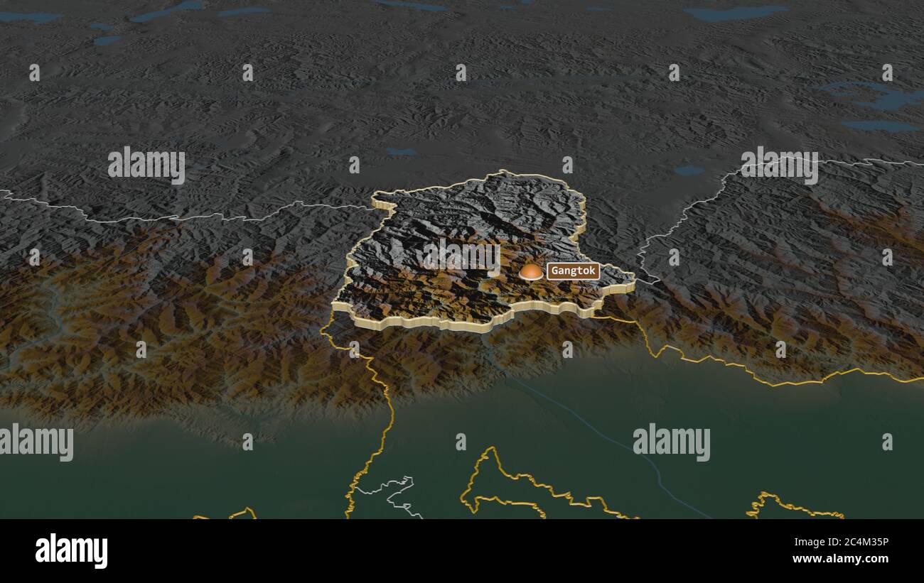 Zoom in on Sikkim (state of India) extruded. Oblique perspective ...