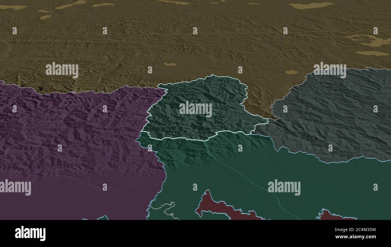 Zoom in on Sikkim (state of India) outlined. Oblique perspective ...