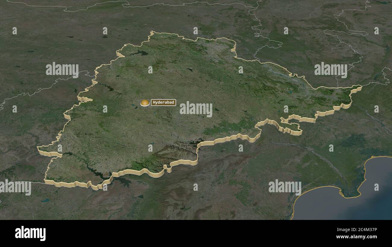Zoom in on Telangana (state of India) extruded. Oblique perspective ...