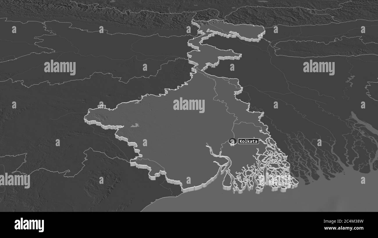 Zoom in on West Bengal (state of India) extruded. Oblique perspective ...