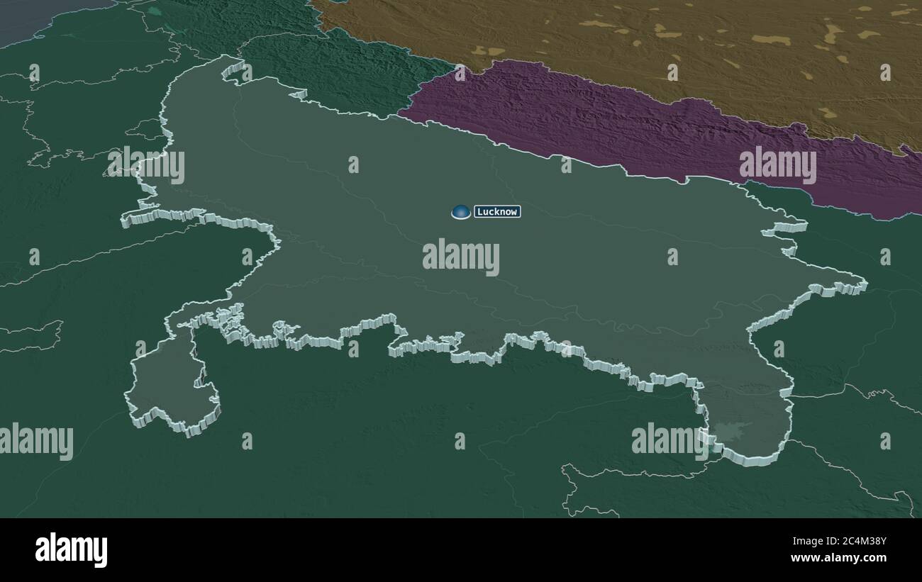 Zoom in on Uttar Pradesh (state of India) extruded. Oblique perspective ...