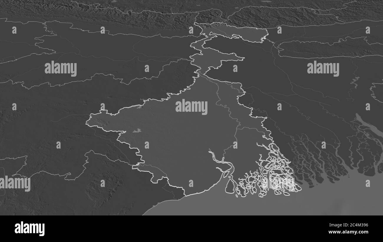 Zoom in on West Bengal (state of India) outlined. Oblique perspective ...