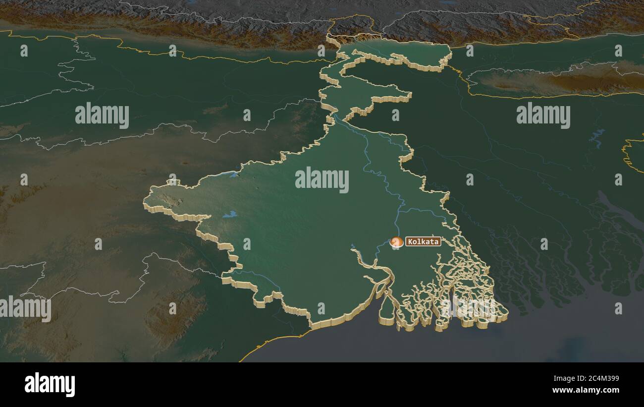 Zoom in on West Bengal (state of India) extruded. Oblique perspective ...