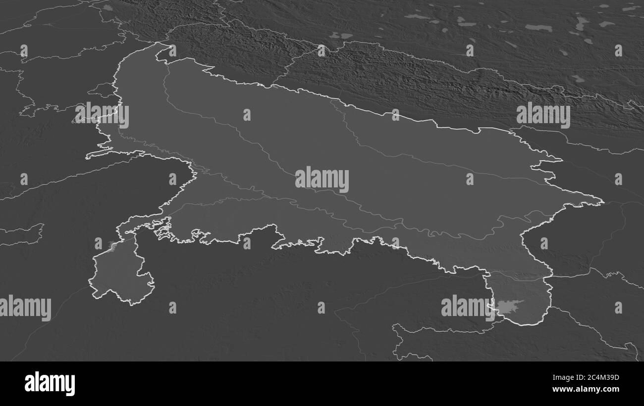 Zoom in on Uttar Pradesh (state of India) outlined. Oblique perspective ...