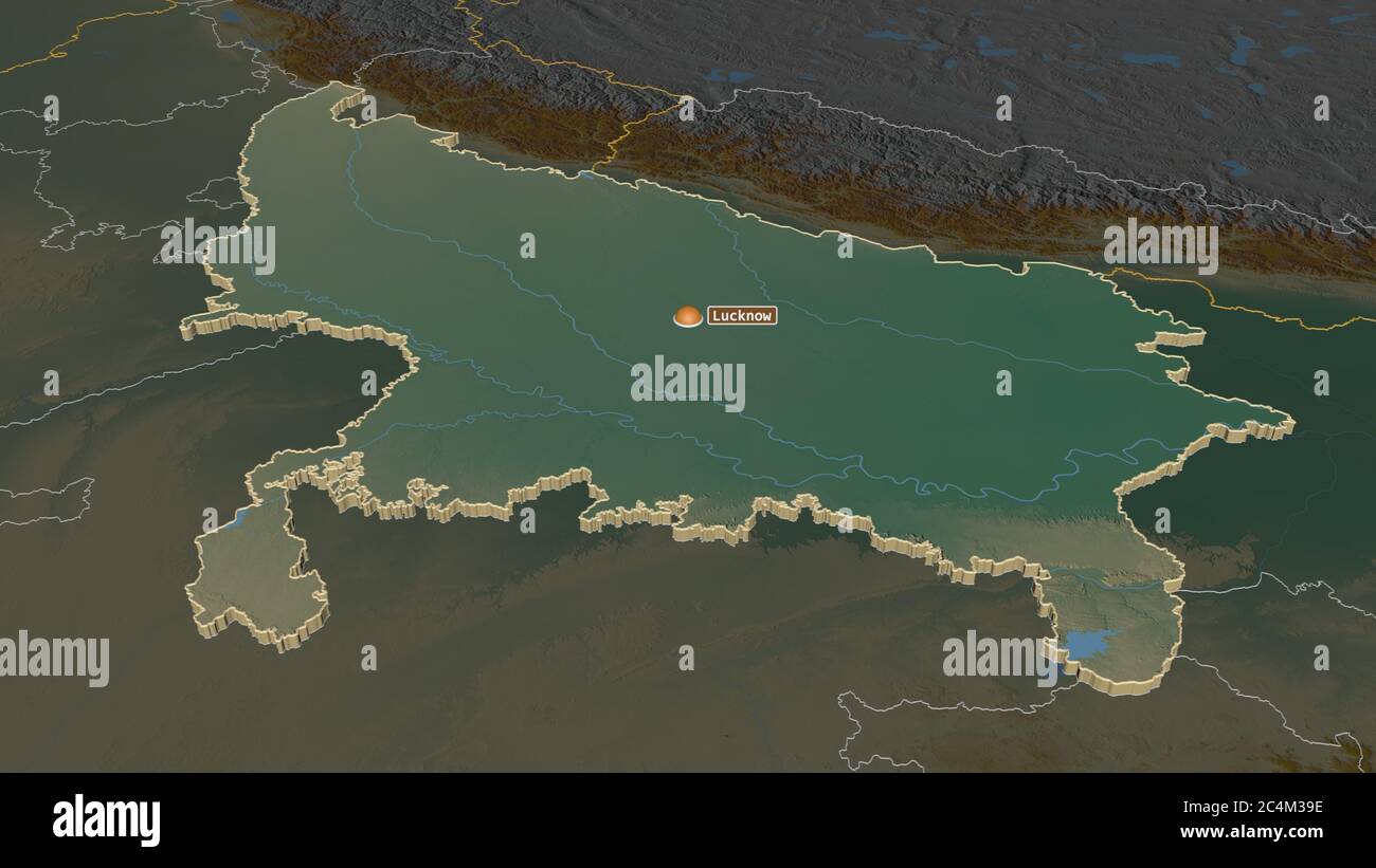 Zoom in on Uttar Pradesh (state of India) extruded. Oblique perspective ...