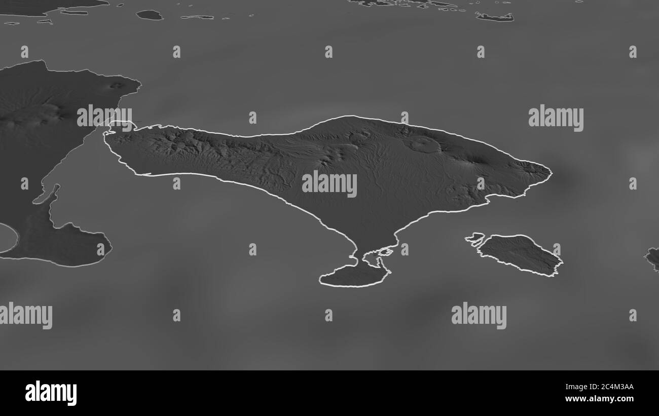 Zoom in on Bali (province of Indonesia) outlined. Oblique perspective ...