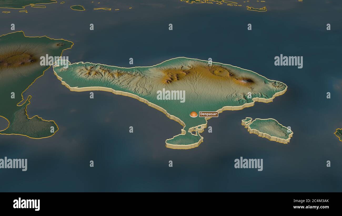 Zoom in on Bali (province of Indonesia) extruded. Oblique perspective ...