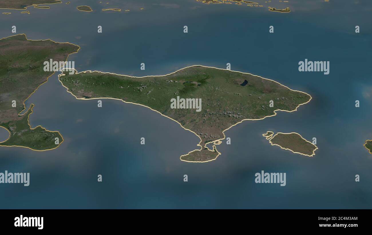 Zoom in on Bali (province of Indonesia) outlined. Oblique perspective ...