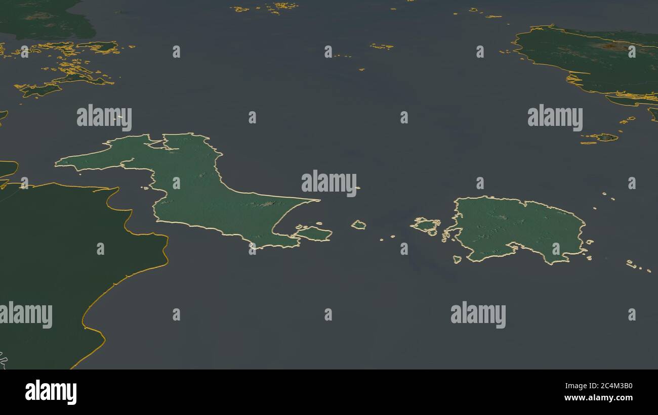 Zoom in on Bangka-Belitung (province of Indonesia) outlined. Oblique ...