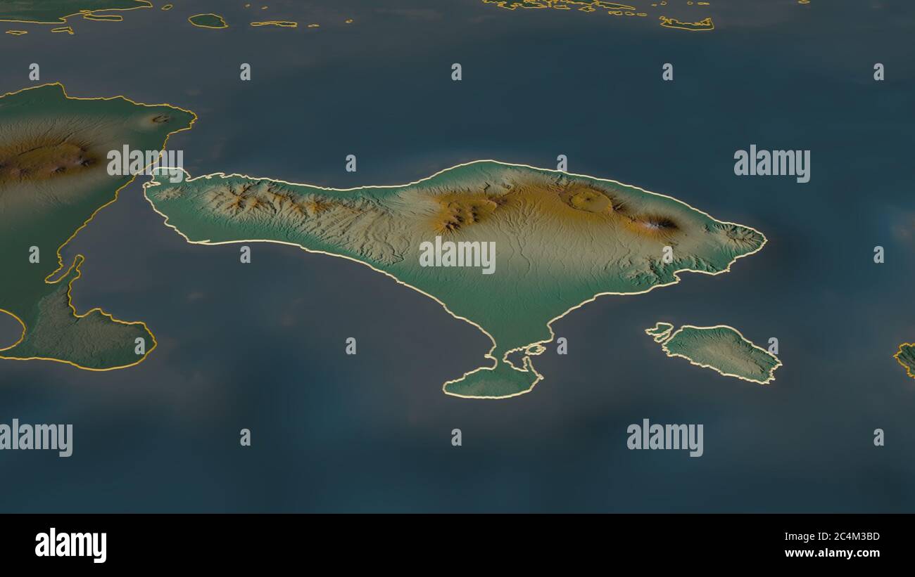 Zoom in on Bali (province of Indonesia) outlined. Oblique perspective ...