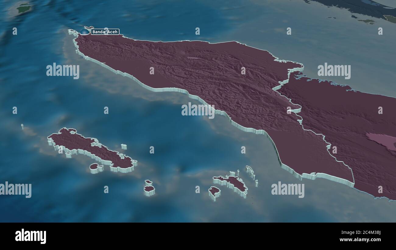 Zoom in on Aceh (autonomous province of Indonesia) extruded. Oblique ...