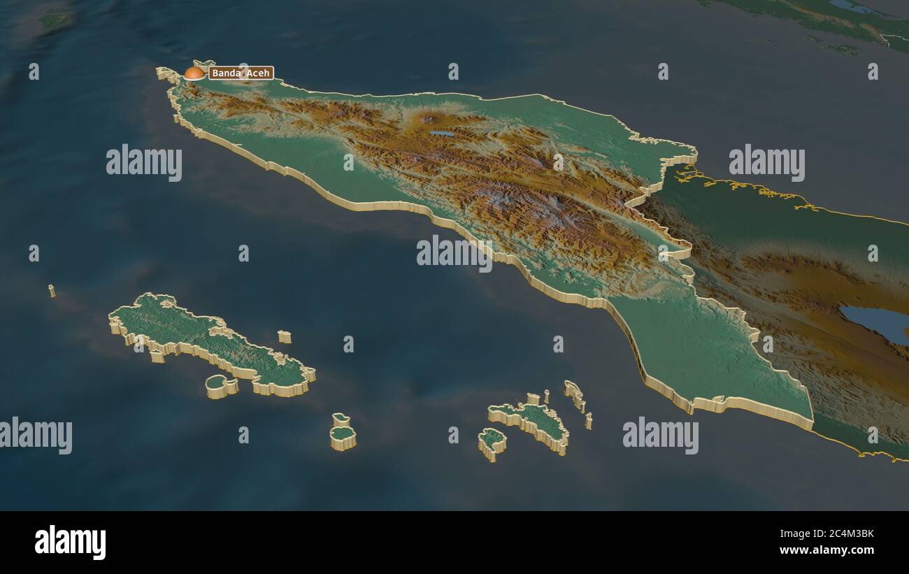 Zoom in on Aceh (autonomous province of Indonesia) extruded. Oblique ...