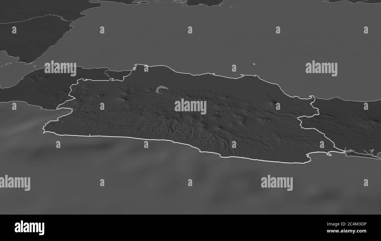 Zoom in on Jawa Barat (province of Indonesia) outlined. Oblique ...