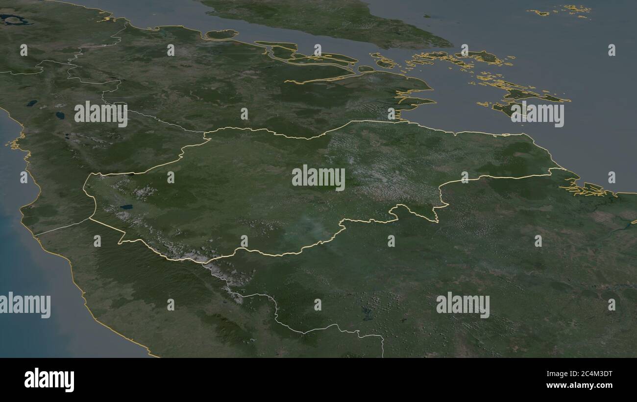 Zoom in on Jambi (province of Indonesia) outlined. Oblique perspective ...