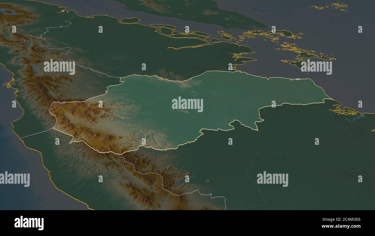 Zoom in on Jambi (province of Indonesia) outlined. Oblique perspective ...