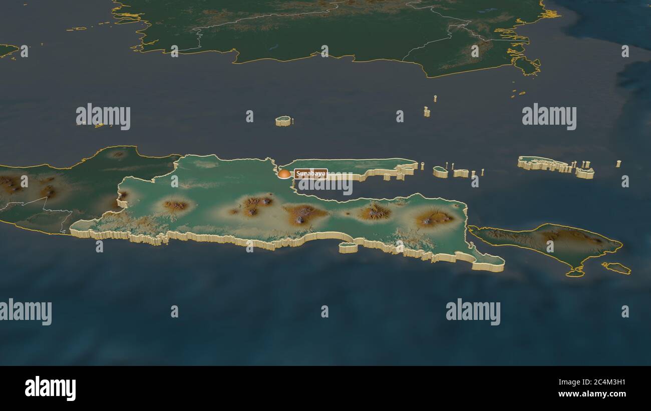 Zoom in on Jawa Timur (province of Indonesia) extruded. Oblique ...