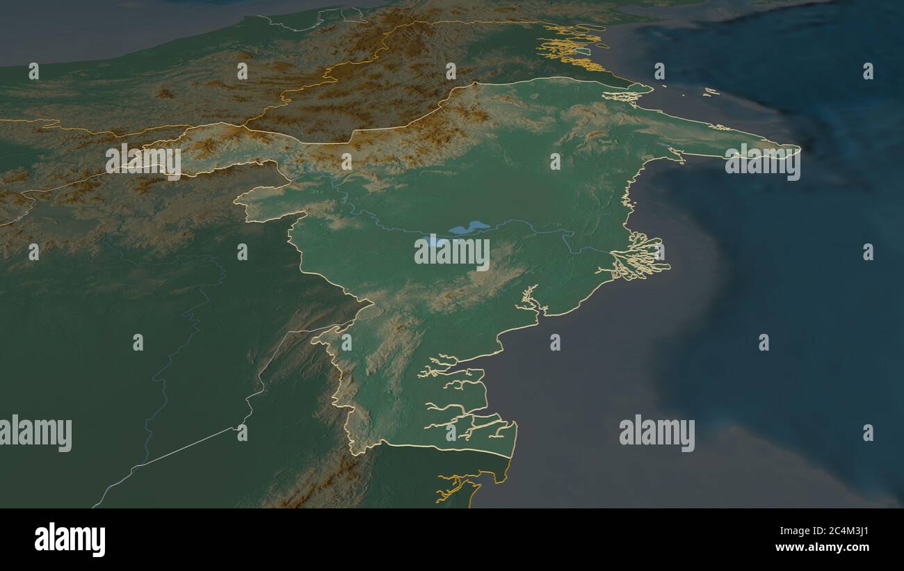 Zoom in on Kalimantan Timur (province of Indonesia) outlined. Oblique ...