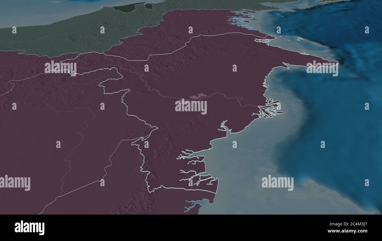 Zoom in on Kalimantan Timur (province of Indonesia) outlined. Oblique ...