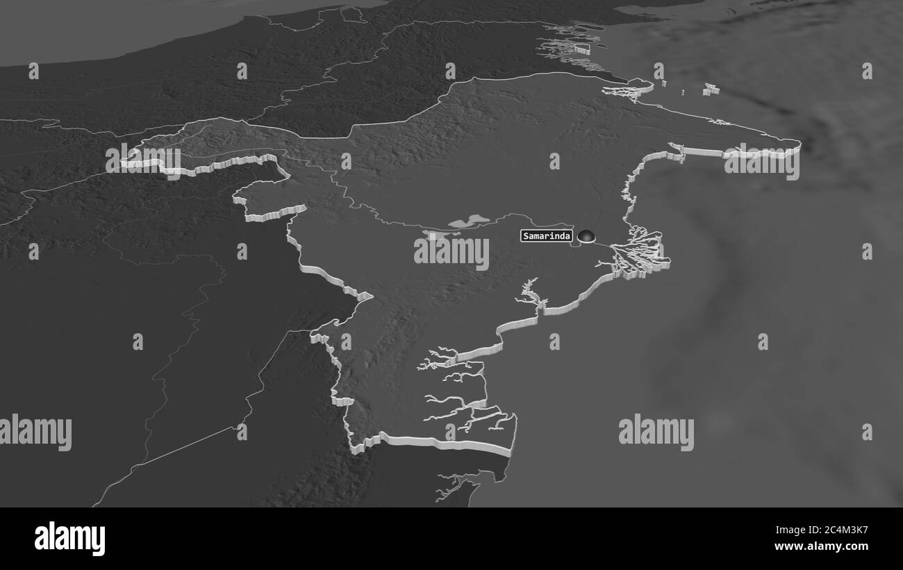 Zoom in on Kalimantan Timur (province of Indonesia) extruded. Oblique ...