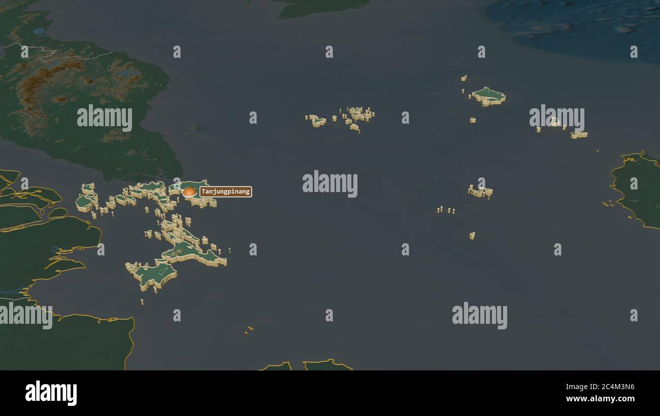Zoom in on Kepulauan Riau (province of Indonesia) extruded. Oblique ...