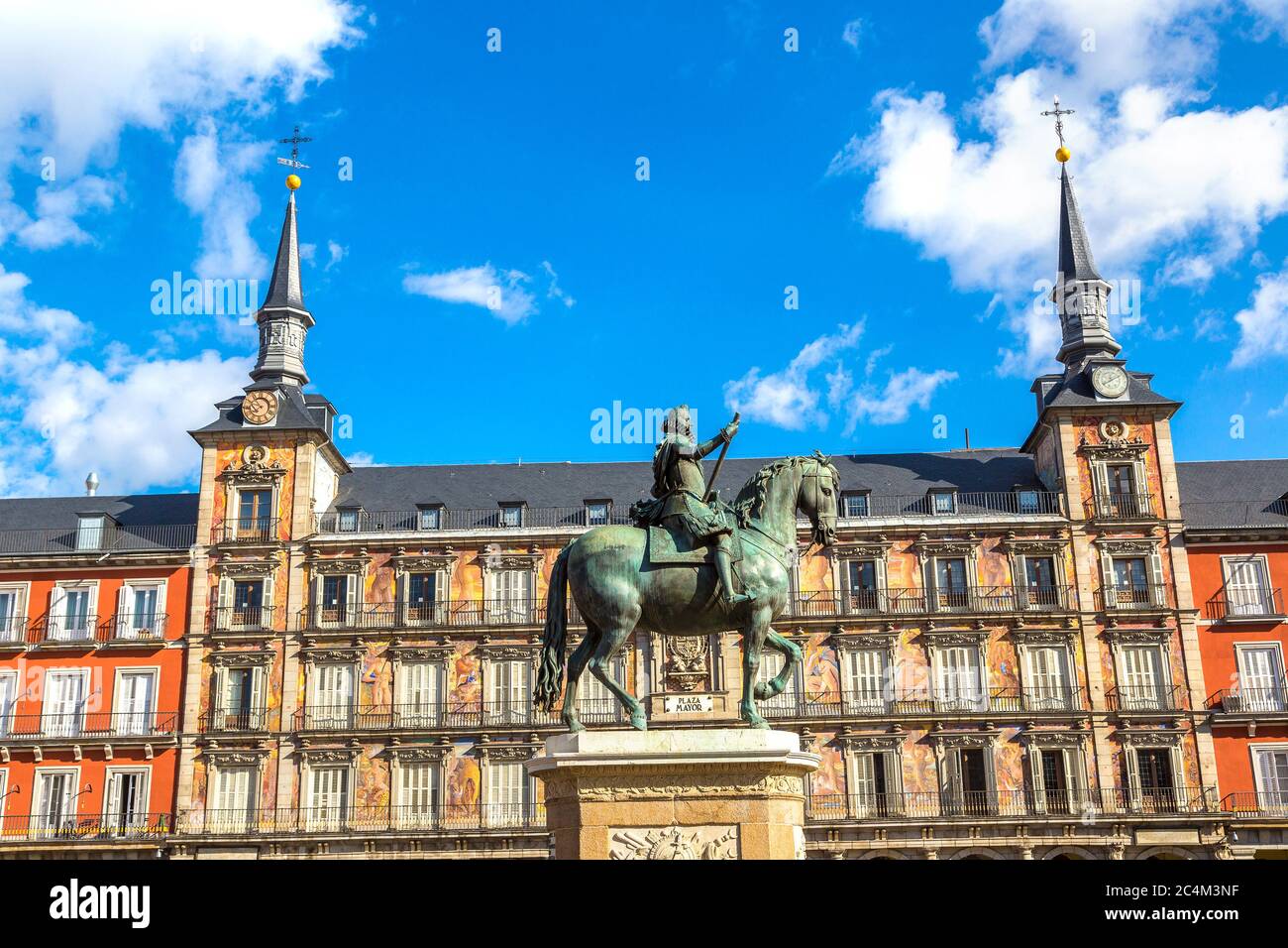 Plaza Mayor and statue of King Philips III in Madrid, Spain in a ...