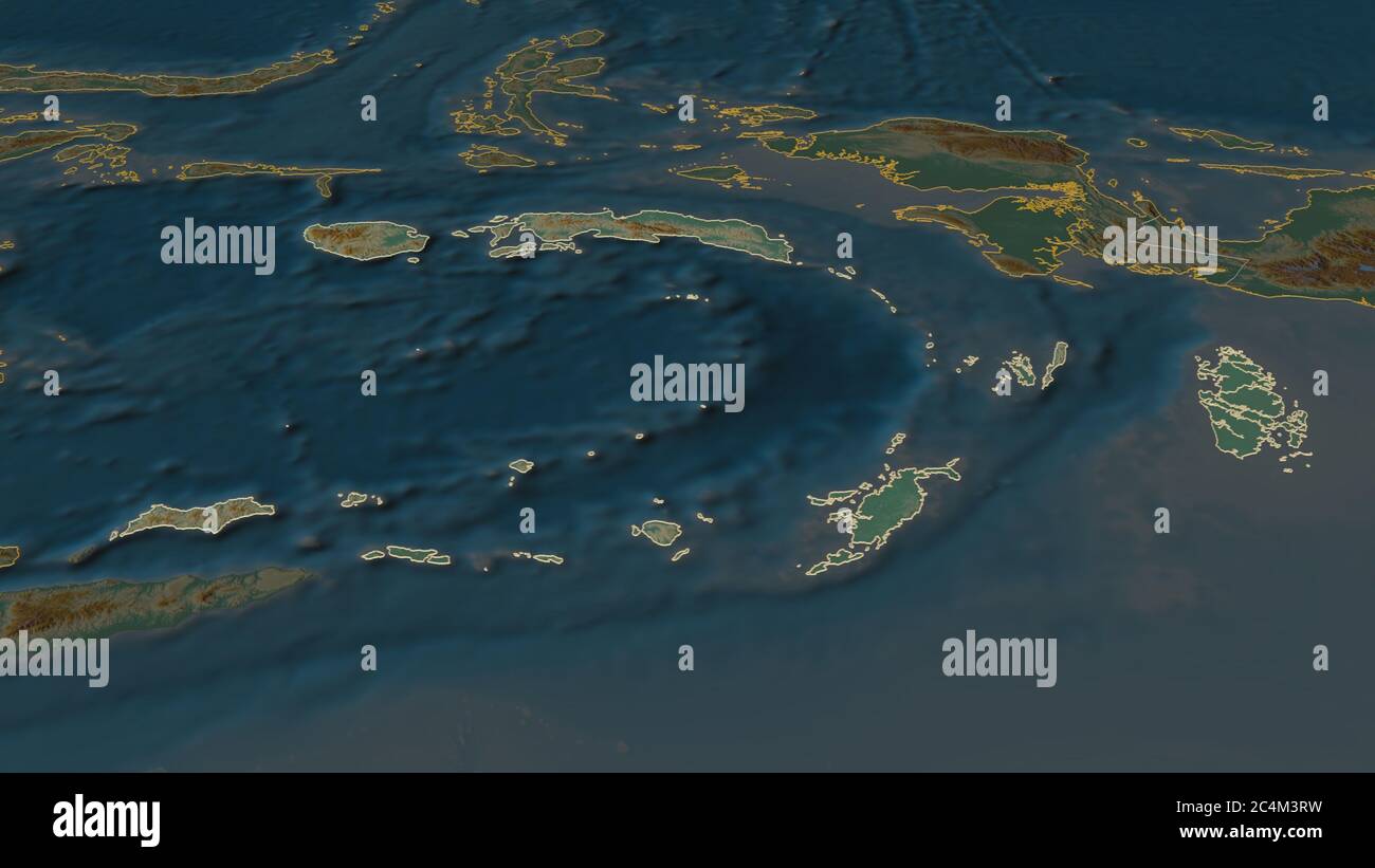 Zoom in on Maluku (province of Indonesia) outlined. Oblique perspective ...