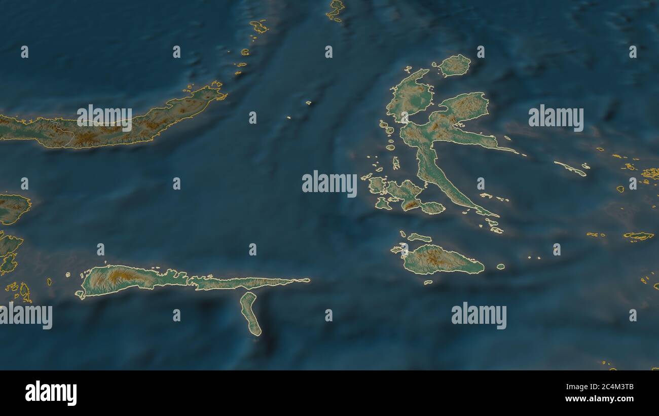 Zoom in on Maluku Utara (province of Indonesia) outlined. Oblique ...