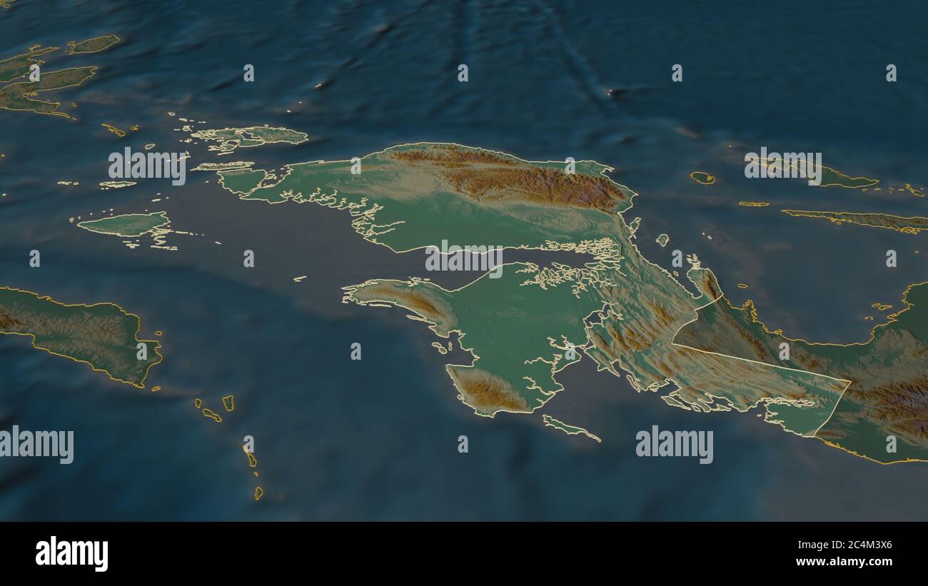 Zoom in on Papua Barat (province of Indonesia) outlined. Oblique ...