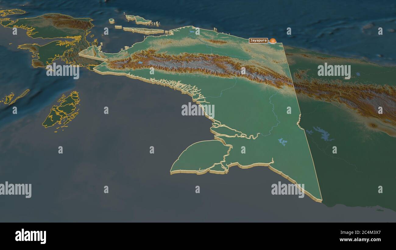 Zoom in on Papua (province of Indonesia) extruded. Oblique perspective ...