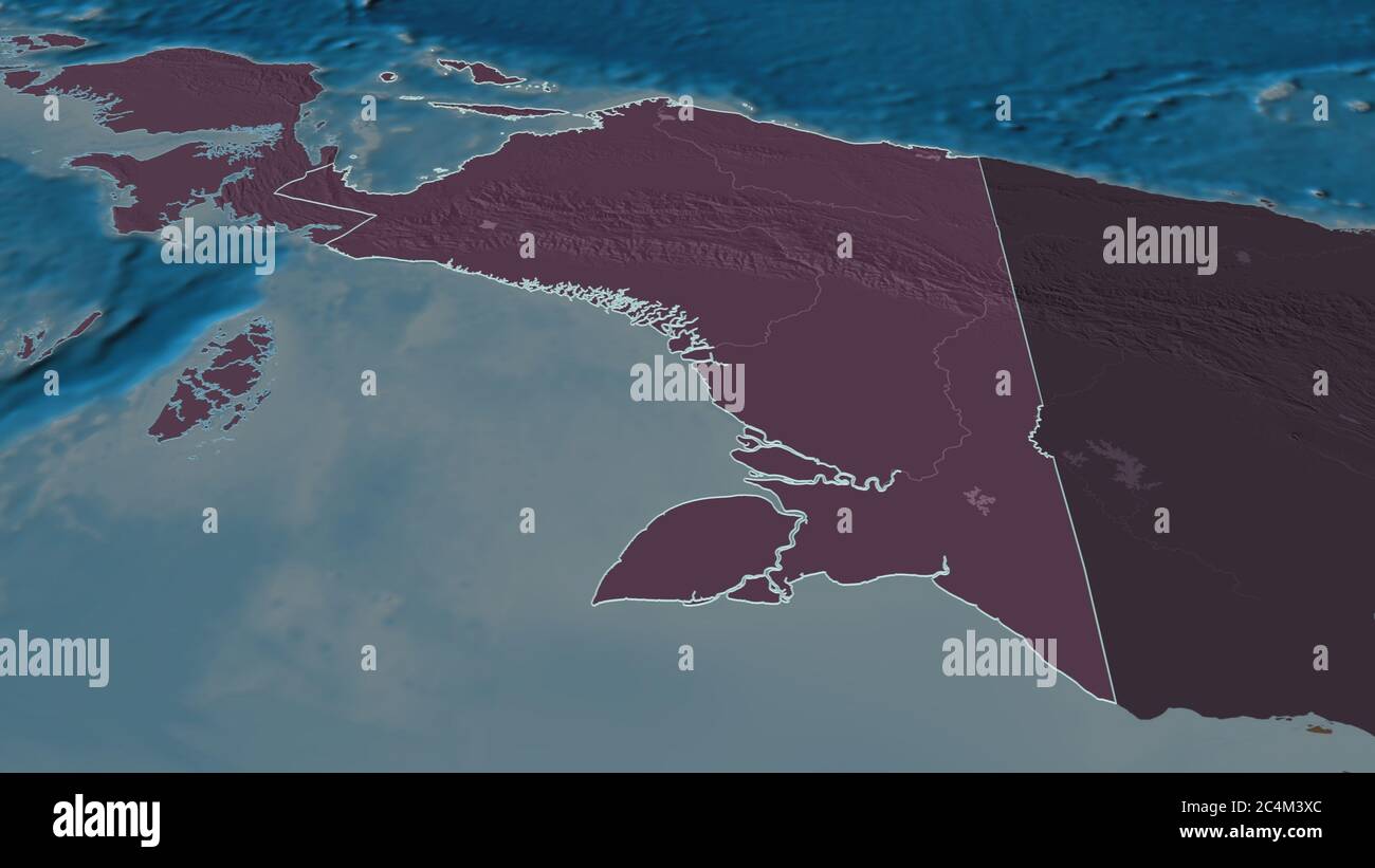 Zoom in on Papua (province of Indonesia) outlined. Oblique perspective ...