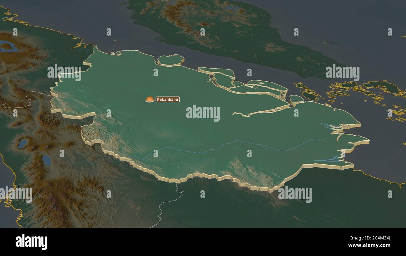 Zoom in on Riau (province of Indonesia) extruded. Oblique perspective ...
