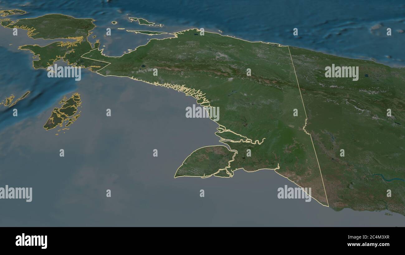 Zoom in on Papua (province of Indonesia) outlined. Oblique perspective ...