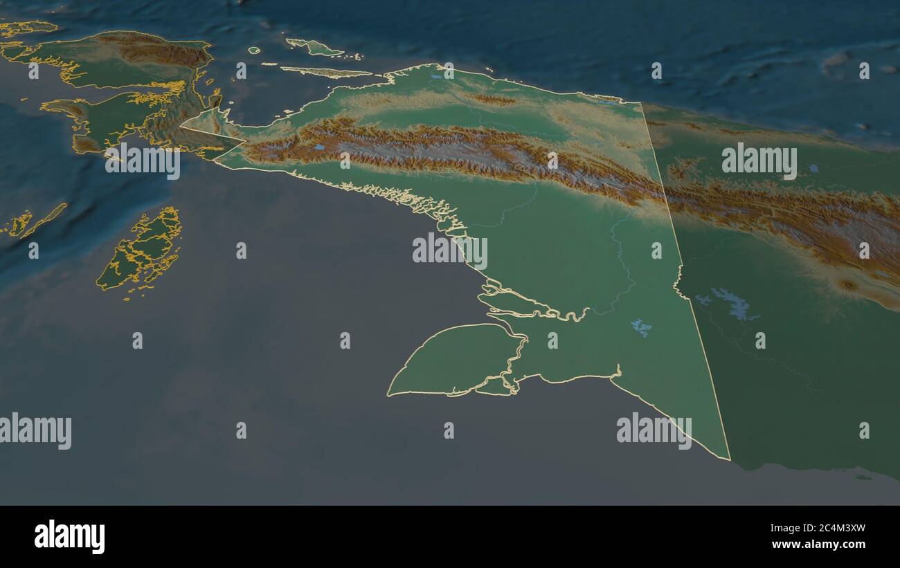 Zoom in on Papua (province of Indonesia) outlined. Oblique perspective ...