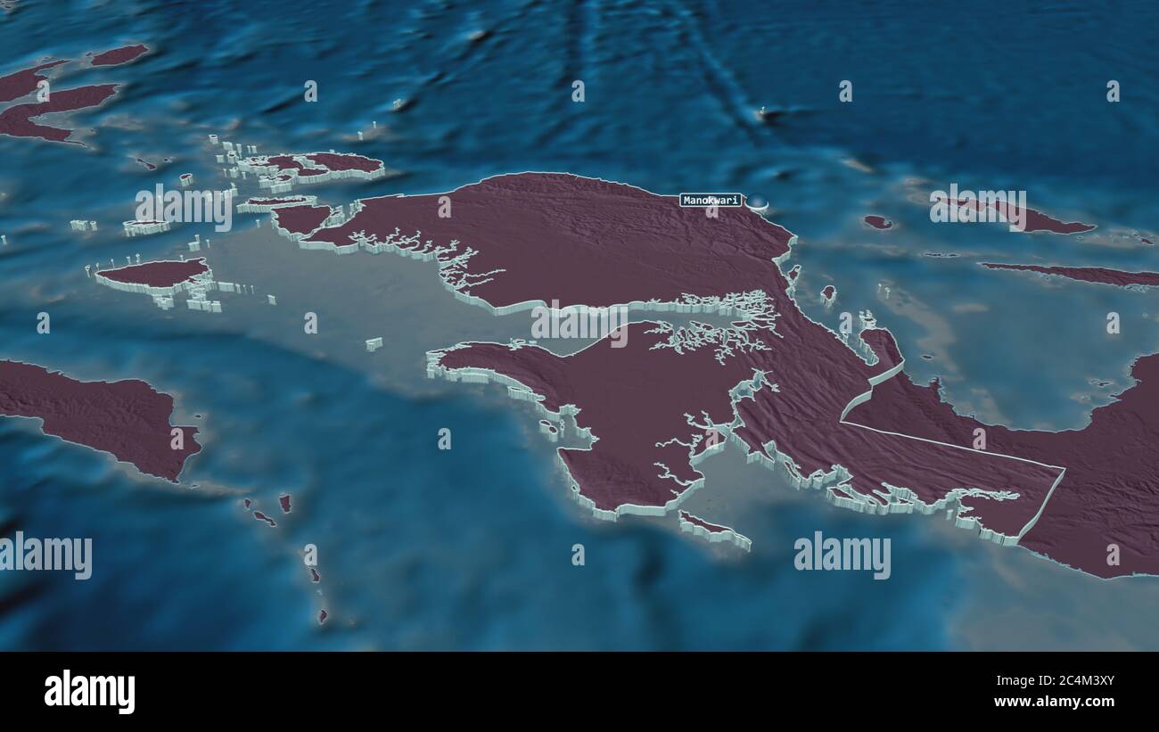 Zoom in on Papua Barat (province of Indonesia) extruded. Oblique ...