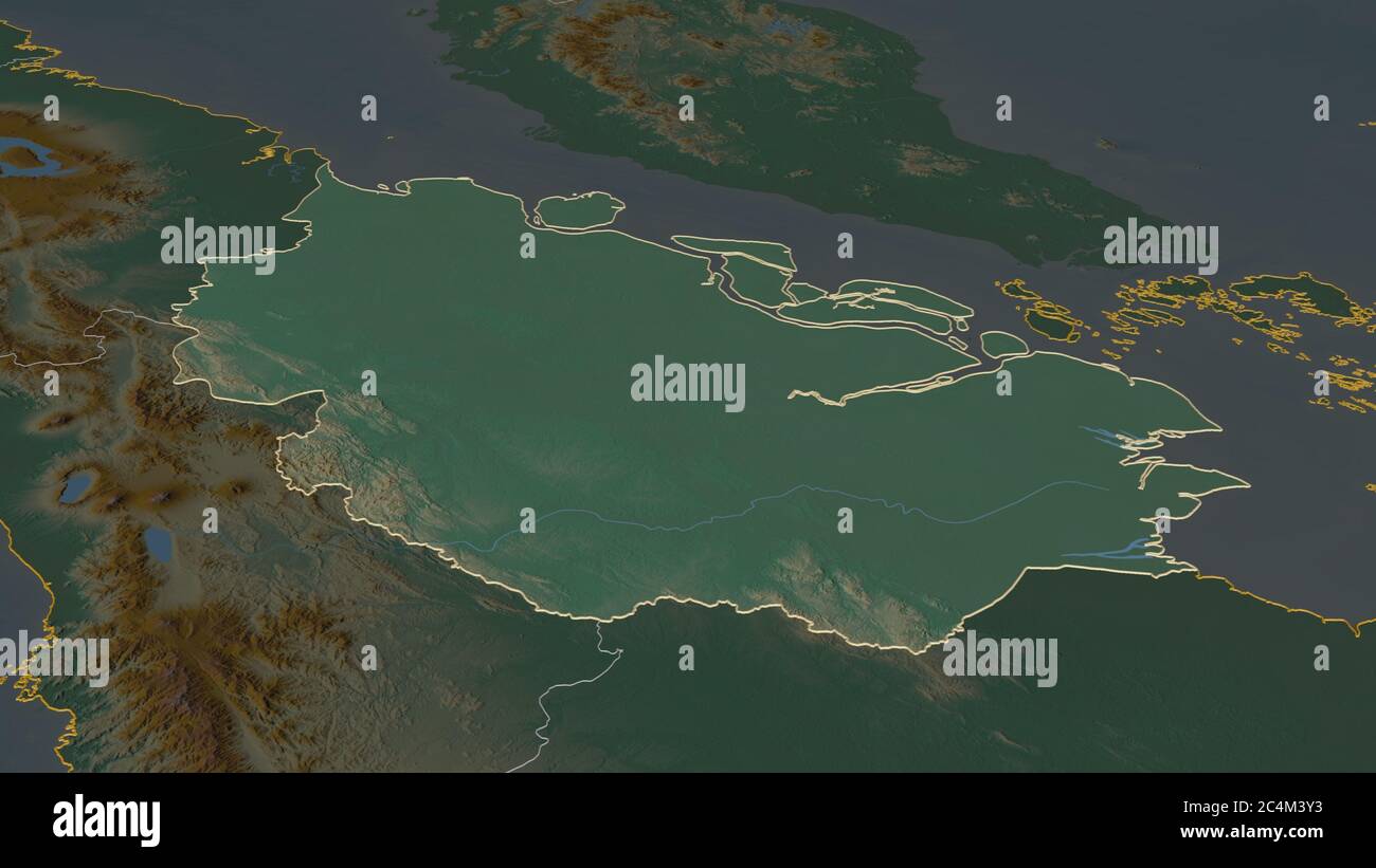 Zoom in on Riau (province of Indonesia) outlined. Oblique perspective ...