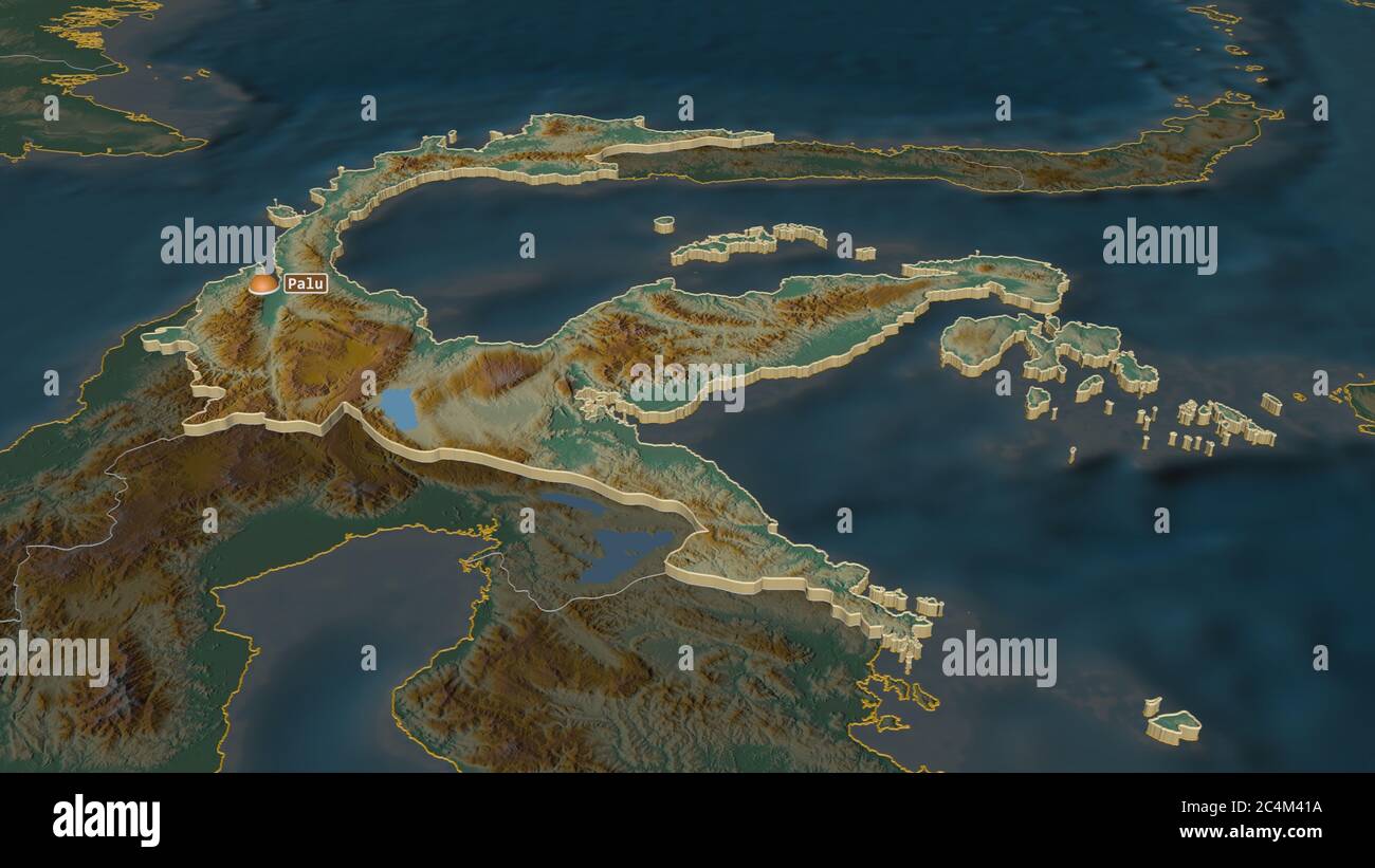Zoom in on Sulawesi Tengah (province of Indonesia) extruded. Oblique ...