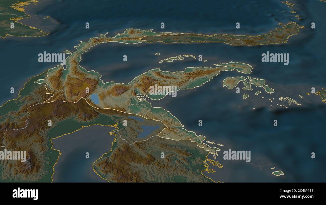 Zoom in on Sulawesi Tengah (province of Indonesia) outlined. Oblique ...