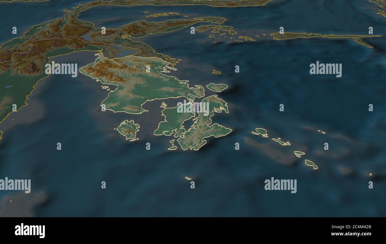 Zoom in on Sulawesi Tenggara (province of Indonesia) outlined. Oblique ...