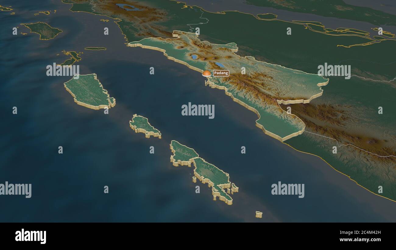 Zoom in on Sumatera Barat (province of Indonesia) extruded. Oblique ...