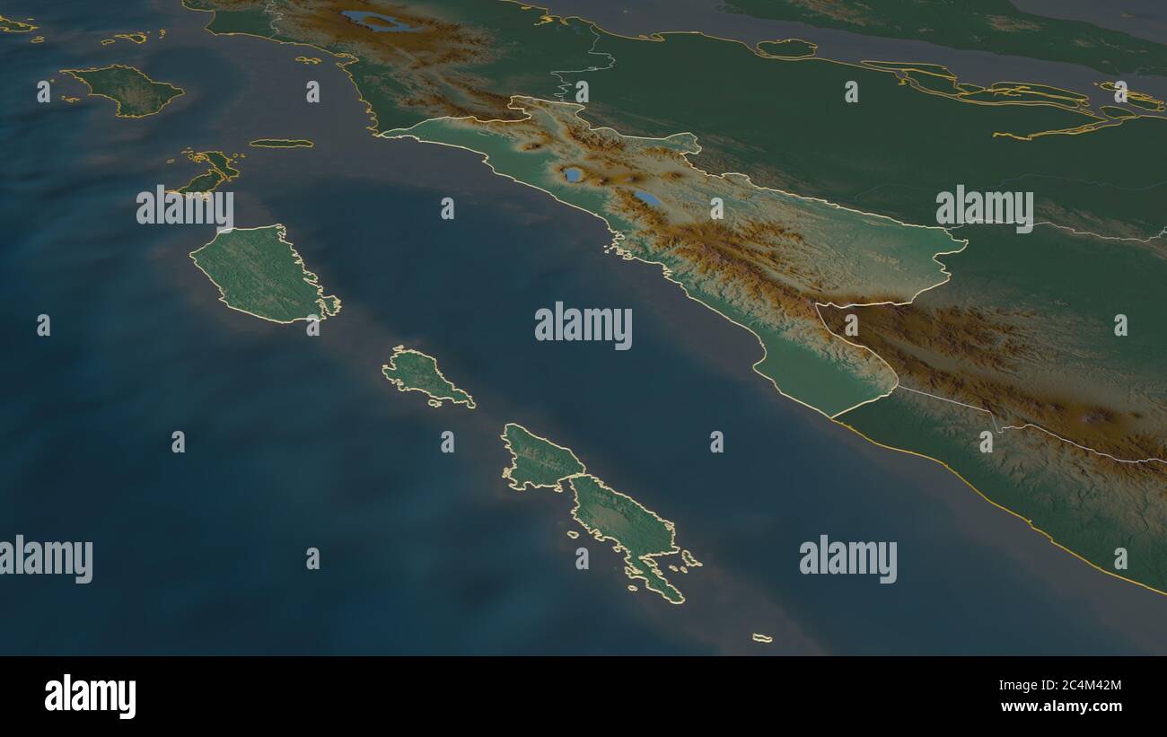 Zoom in on Sumatera Barat (province of Indonesia) outlined. Oblique ...