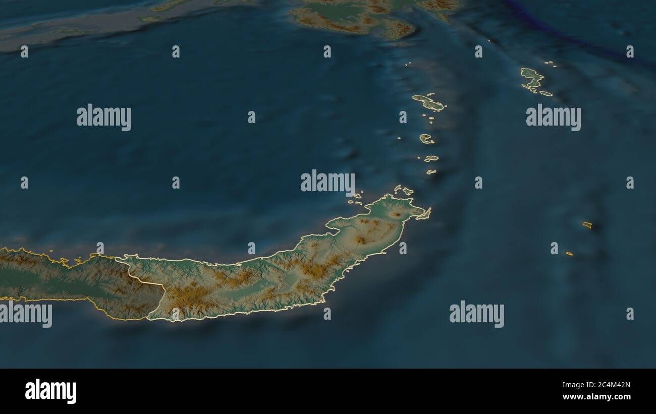 Zoom in on Sulawesi Utara (province of Indonesia) outlined. Oblique ...