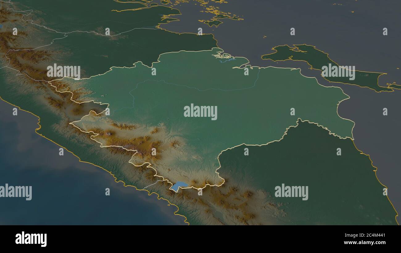 Zoom in on Sumatera Selatan (province of Indonesia) outlined. Oblique ...