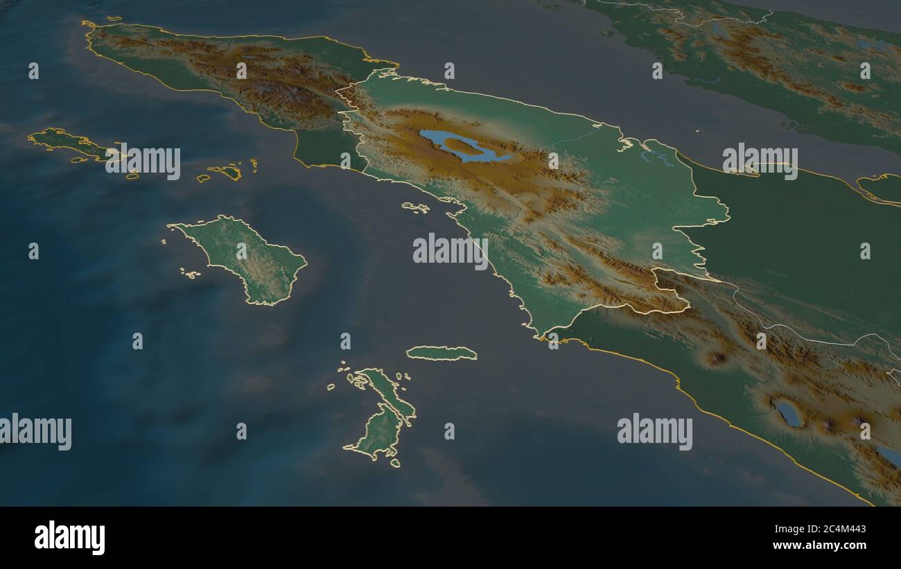 Zoom in on Sumatera Utara (province of Indonesia) outlined. Oblique ...