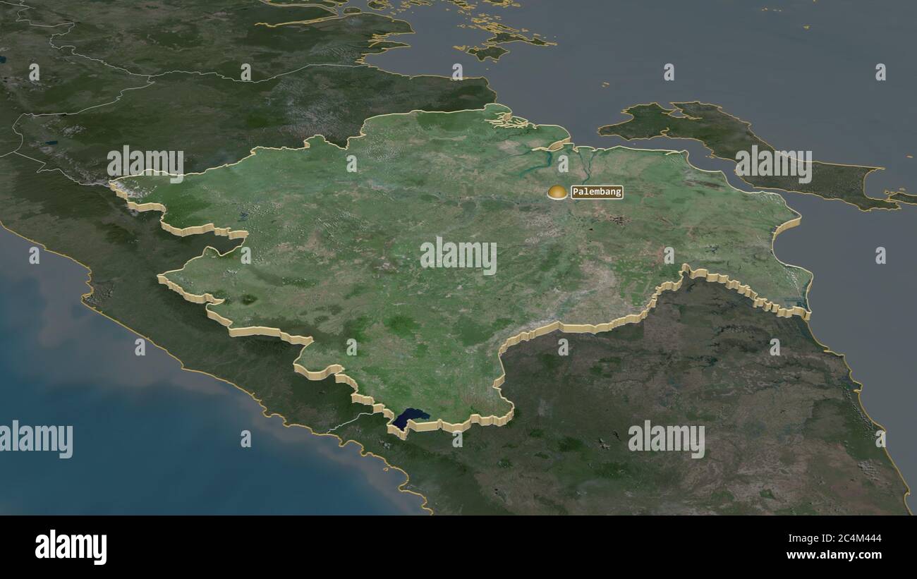 Zoom in on Sumatera Selatan (province of Indonesia) extruded. Oblique ...