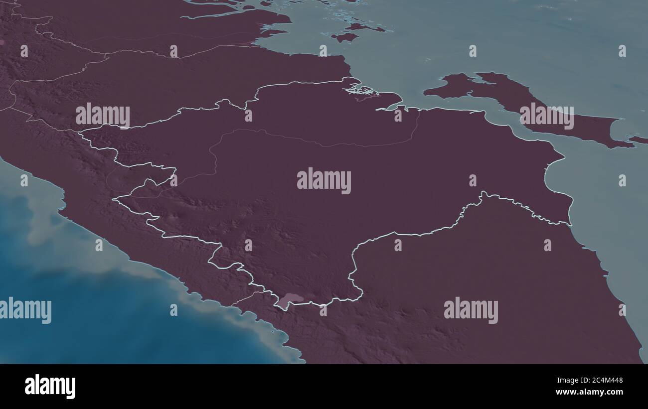 Zoom in on Sumatera Selatan (province of Indonesia) outlined. Oblique ...