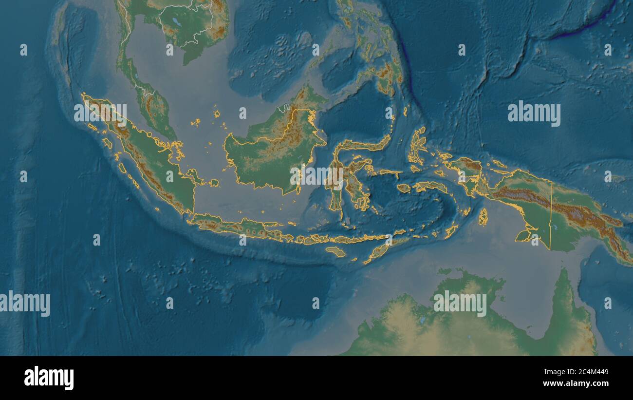 Outlined shape of the Indonesia area. Topographic relief map with ...