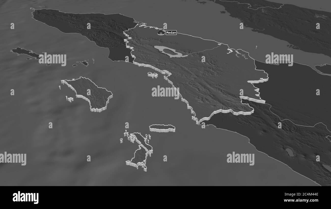 Zoom in on Sumatera Utara (province of Indonesia) extruded. Oblique ...