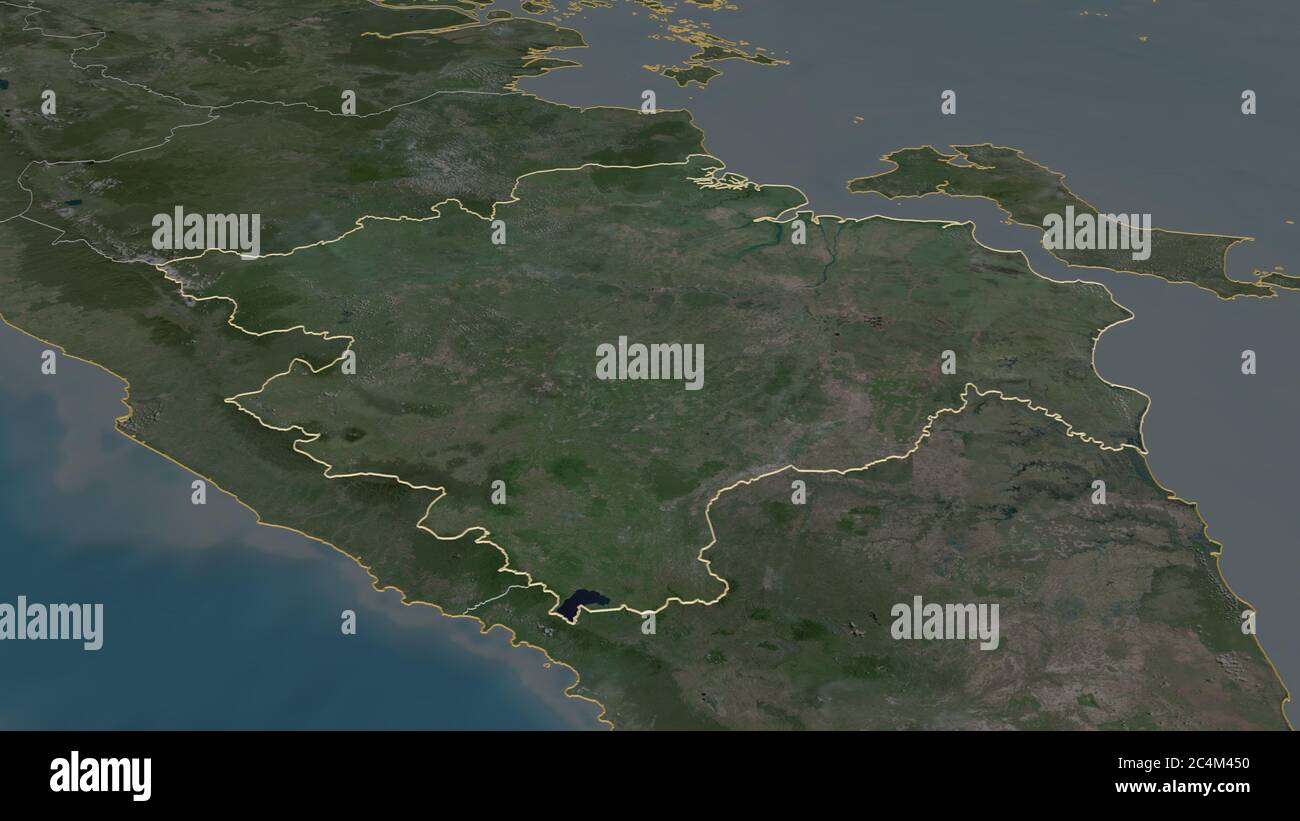 Zoom in on Sumatera Selatan (province of Indonesia) outlined. Oblique ...