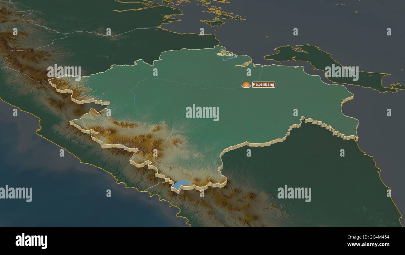 Zoom in on Sumatera Selatan (province of Indonesia) extruded. Oblique ...