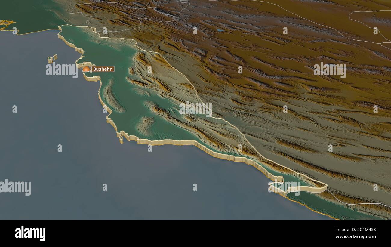 Zoom in on Bushehr (province of Iran) extruded. Oblique perspective ...